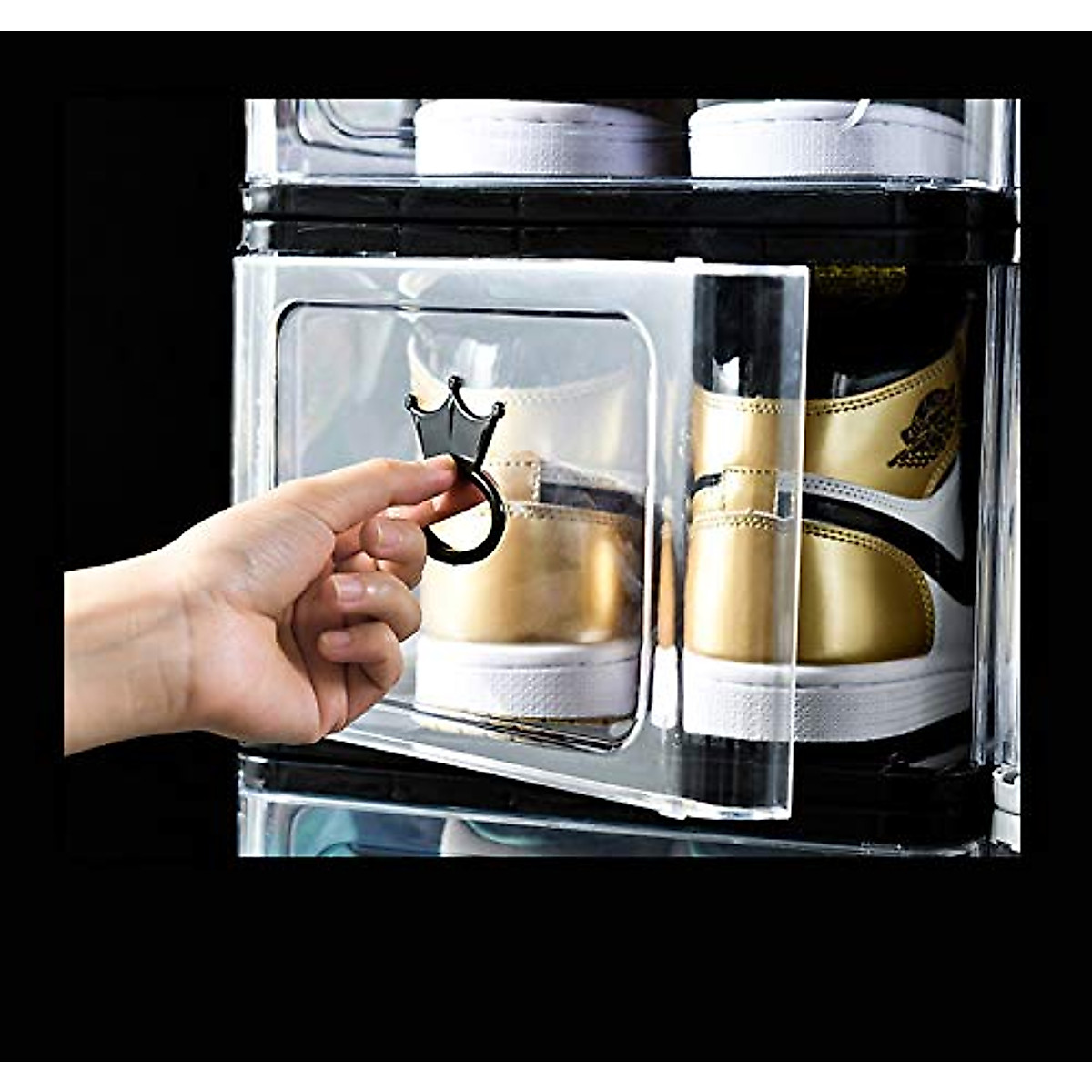 SavIz Stackable Shoe Organizer - 4 Pack - Sneaker Collection - Organize, Protect, Store Sneakers - Compact Shoe Rack - Individual Cubes - Dust, Crease Proof - White/Black (Black)