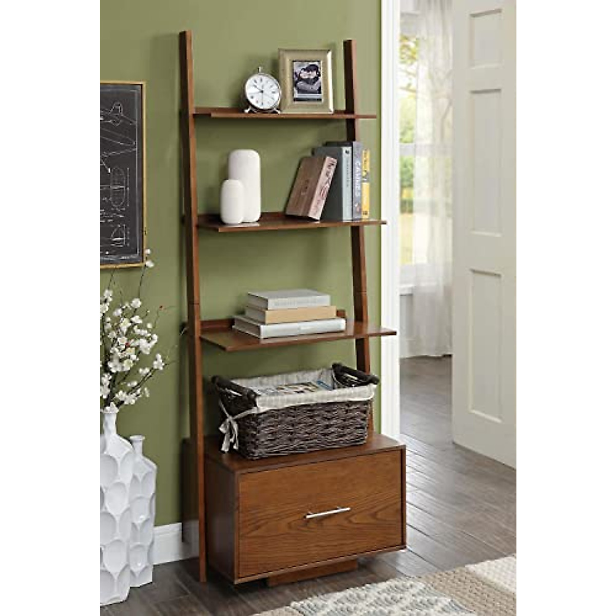 Convenience Concepts 3 tier American Heritage Ladder Bookcase with File Drawer, Dark Walnut