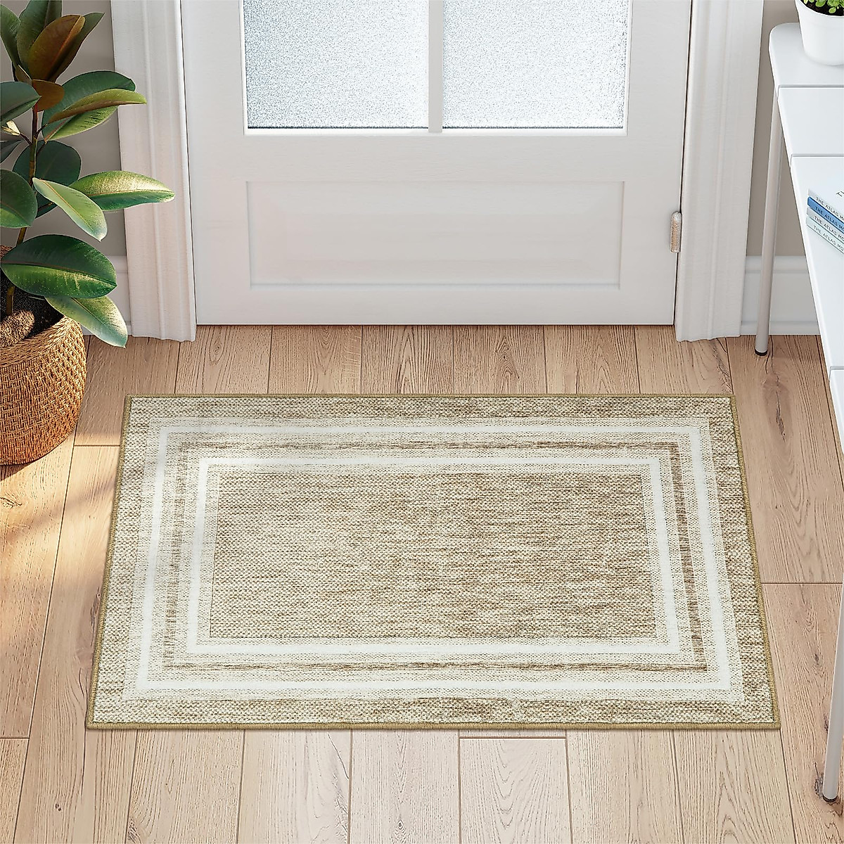 Sungea Bordered Indoor Door Mat 2x3,Non-Slip Machine Washable Entryway Rug,Low-Pile Faux Wool Super Soft Front Door Rug,Foldable Area Rugs for Bathroom Stair(Tan)