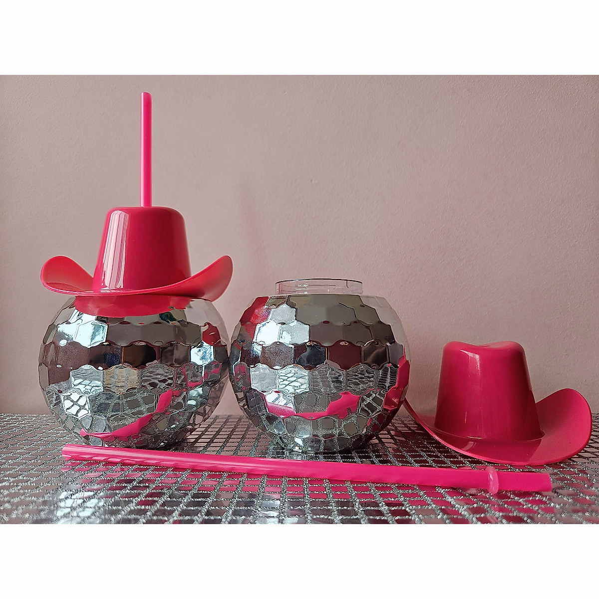 thepinkcow Hot Pink Cowboy Hat Disco Ball Cups, Glitter Shiny Cocktail Tumbler, Space Cowboy Cowgirl Birthday Bachelorette Western Themed Party Decorations Supplies, Rodeo Party Cups, Set of 8