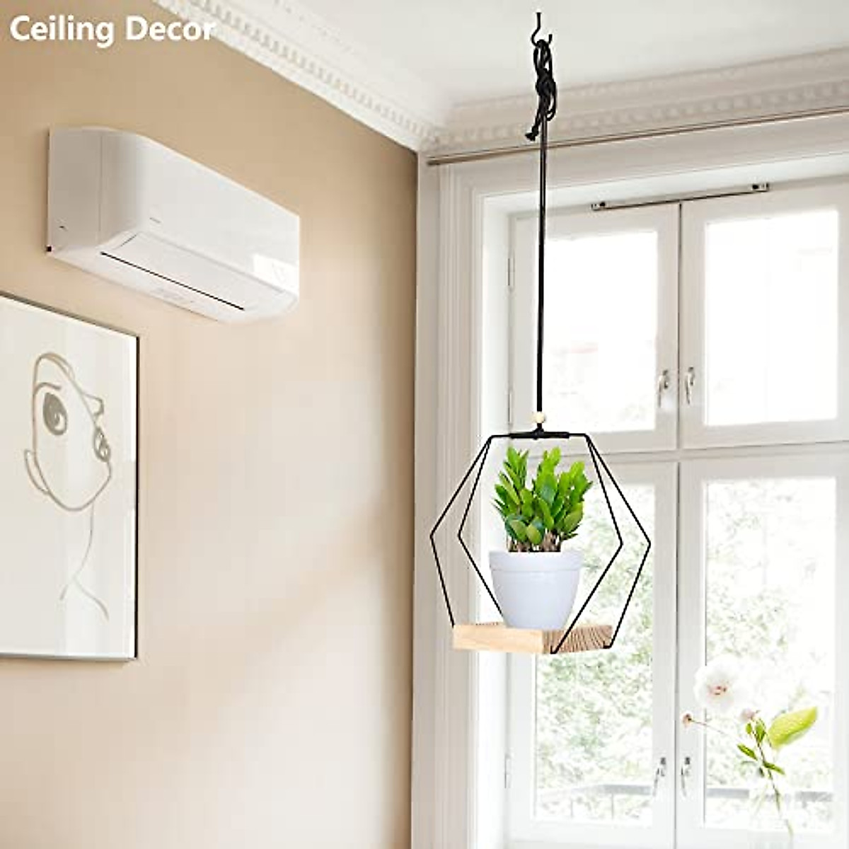 Kitypartsy Plant Hanger with Wood Base - Hanging Plant Holder, Hanging Planter/Pot for Indoor Plants Boho Macrame for Wall/Window/Room Decor, Black - Hexagon (Planter/Plants Not Included)