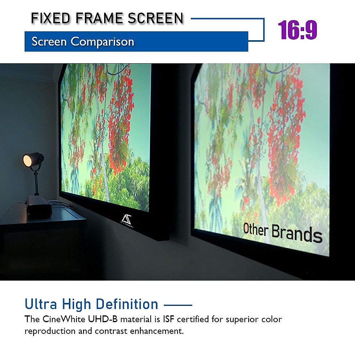 Akia Screens Fixed Frame Projector Screen 120 inch 16:9 8K 4K Ultra HD 3D Ready Wall Mount CINEWHITE UHD-B 120 Projection Screen for Indoor Movie Video Home Theater Cinema Office AK-FF120WH2