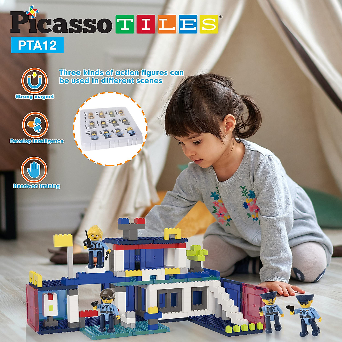 Picasso Toys Magnetic Action Figures Character Law Enforcement for Construction Building Block Tiles Toy Set Magnet Expansion Variety Pack Educational STEM Learning Kit Pretend Playset PTA12