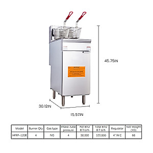 EASYROSE Gas Deep Fryer Commercial Deep Fryer with 2 Baskets 45-55 lb. Capacity 4 Tube Natural Gas Floor Fryer, 120,000 BTU, ETL Listed