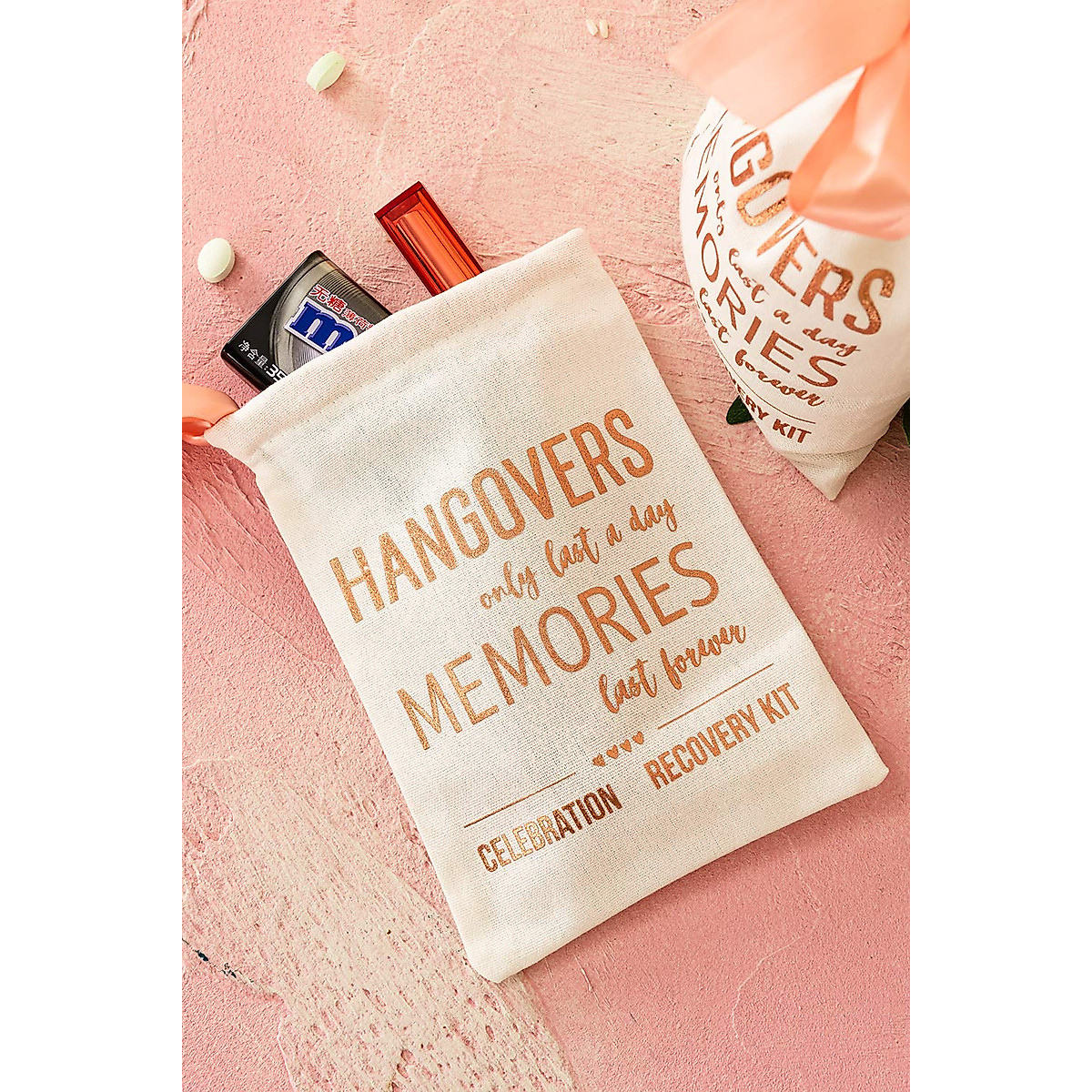 10 Pcs 5"x7" Bridal Shower Party Gift Bags - ROSE GOLD Foil "HANGOVERS" - Bachelorette Hangover Kit Bags - Cotton Recovery Kit Bags - Muslin Drawstring Bag for Bridal Shower Wedding Party