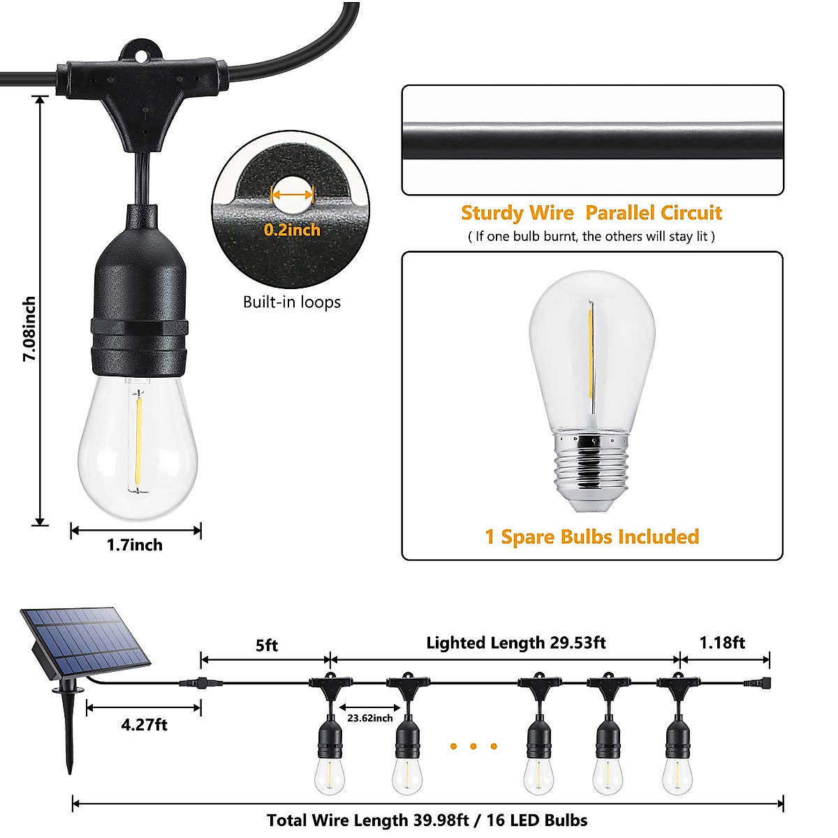 BrizLabs Outdoor Solar String Lights, 39ft Hanging Solar Patio Lights with 16 LED Shatterproof Bulbs, S14 Waterproof Solar String Lights 4 Modes for Patio Garden Backyard Gazebo Porch Balcony, 2700K