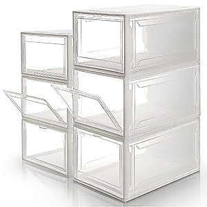 Homde Shoe Boxes Stackable Shoe Storage Rack White Frame with Clear Drawer, 3 Pack Large Size and 3 Pack X-Large Size