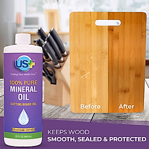 US+ 32oz 100% Pure Mineral Oil - Cutting Board Oil - Food-Grade - USP - Restores & Protects Cutting Boards, Butcher Blocks, Countertops, Steel Surfaces & More
