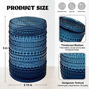 UPZAI Vintage Drinking Glasses Glassware: 15oz Water Cups Set of 6 - Thick Glass Vintage Hobnail Tumbler for Cocktail Whiskey Wine Beer Juice (6pcs Blue)