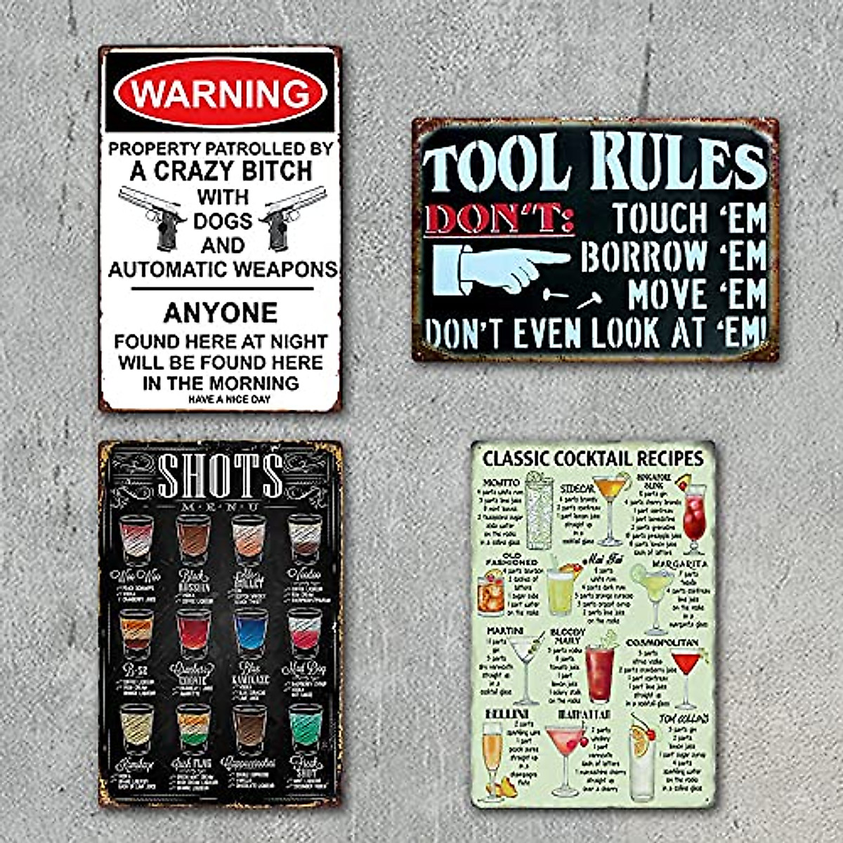 LuckyBamboo Vintage Metal Gun Signs, Property Patrolled by a Crazy Bitch Warning Signs Outdoor Home Yard Street Garden Garage Door Metal Signs