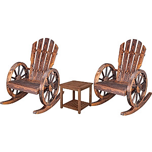 Outvita Adirondack Rocking Chair Set of 2 and Side Table, Fir Wood Wagon Rocker, Outdoor Lounge Lawn Chairs with Wheel Armrest for Fire Pit Garden Patio Porch, 330lb Weight Capacity Carbonized