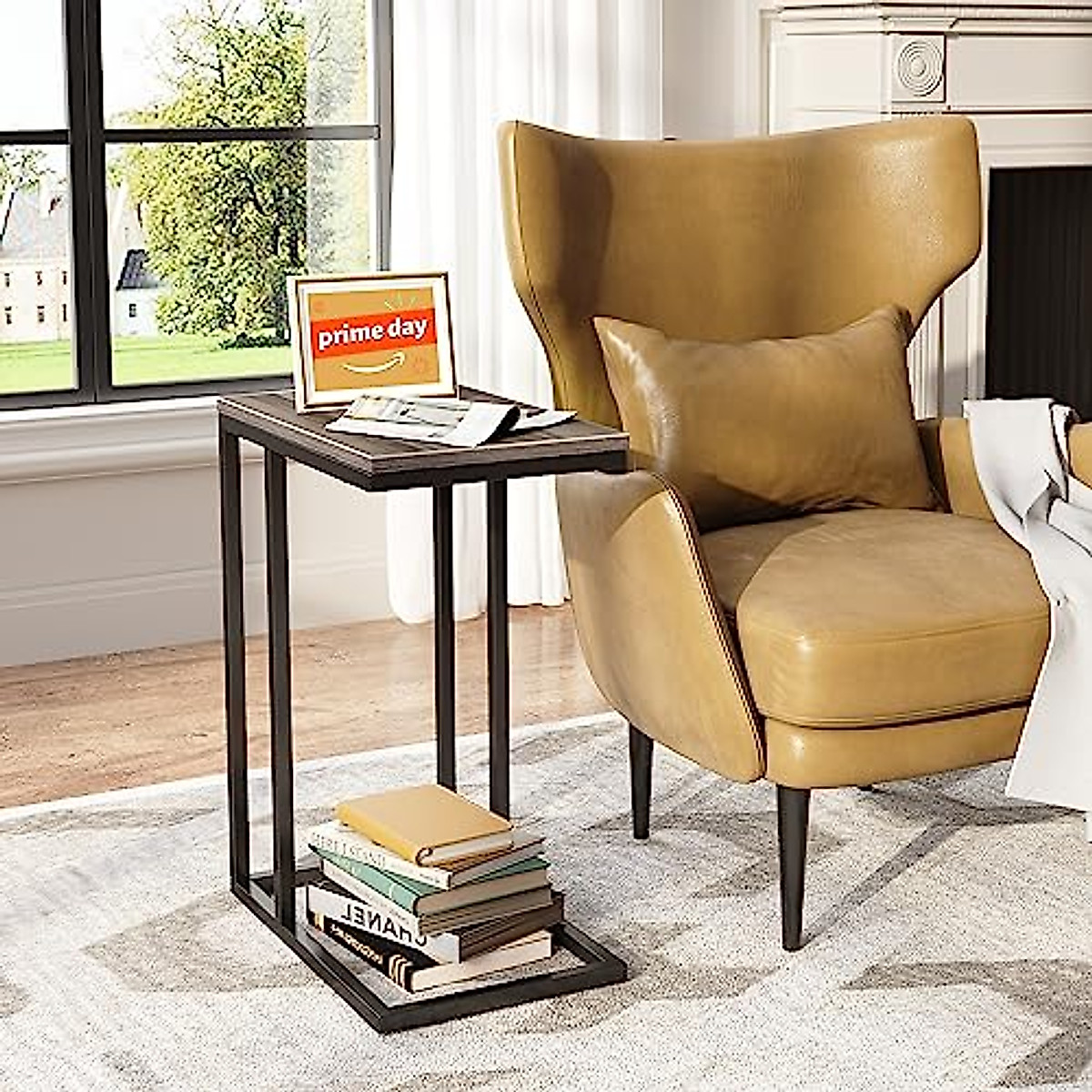 WLIVE Side Table, C Shaped End Table for Couch, Sofa and Bed, Large Desktop C Table for Living Room, Bedroom, Gray and Black