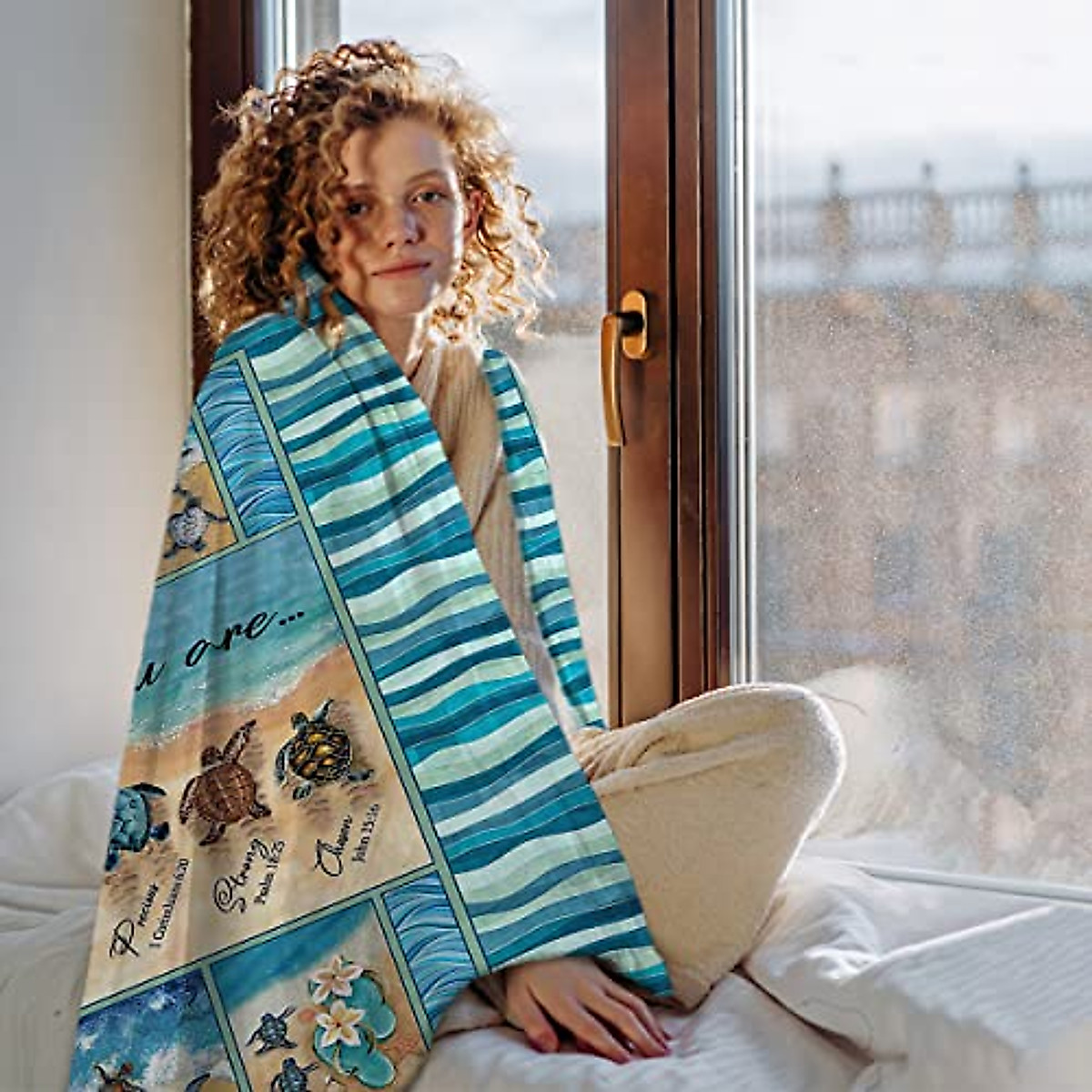 BEDMUST Blue Sea Turtle Flannel Throw Blanket God Says You are Unique Special Lovely Ocean Turtle Blanket Nautical Sea Beach Animal Jellyfish Blanket Bedroom Decor Baby 30x40 Inches