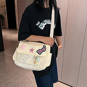 Kawaii Messenger Bag Cute Crossbody Bag Kawaii Aesthetic Shoulder Bag for Women Canvas Flap Messenger Bag with Plush Stickers Cute Japanese Bag