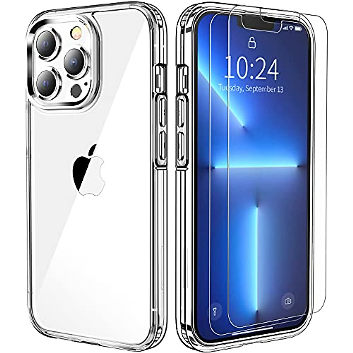 EWUONU iPhone 13 Pro Max Case, Crystal Clear [Anti-Yellowing] Case for iPhone 13 Pro Max 6.7 inch, with 2 Pack Tempered Glass Screen Protector, Slim Thin, Scratch Resistant, Full Body Protection