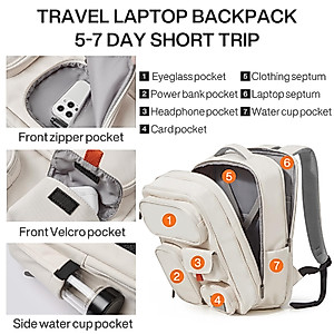 Mixi Travel Backpack for Women & Men 15.6'' Laptop Carry On Weekender Bag Outdoor Hiking with Multifunction Pockets 180° Open Water Resistant 18 Inch 22L, Moonlight White