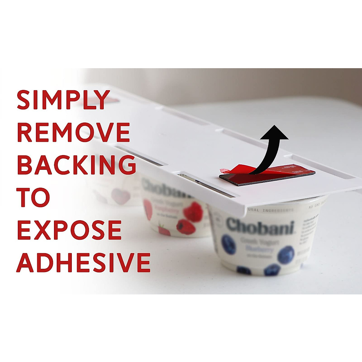 Storage Theory Yogurt Fridge Organizer - Holds up to 4 Wide-Mouth Vegan and Greek Yogurt Cups - Peel and Stick Slider Shelf for Small Refrigerator Spaces - 1 pc