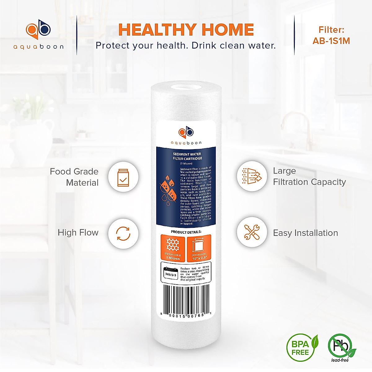 Aquaboon 6-Pack 1 Micron 10x2.5" Sediment Water Filter Replacement Cartridge for Any Standard RO Unit, Whole House Sediment Filtration, Compatible with DuPont WFPFC5002, Pentek DGD series, RFC series