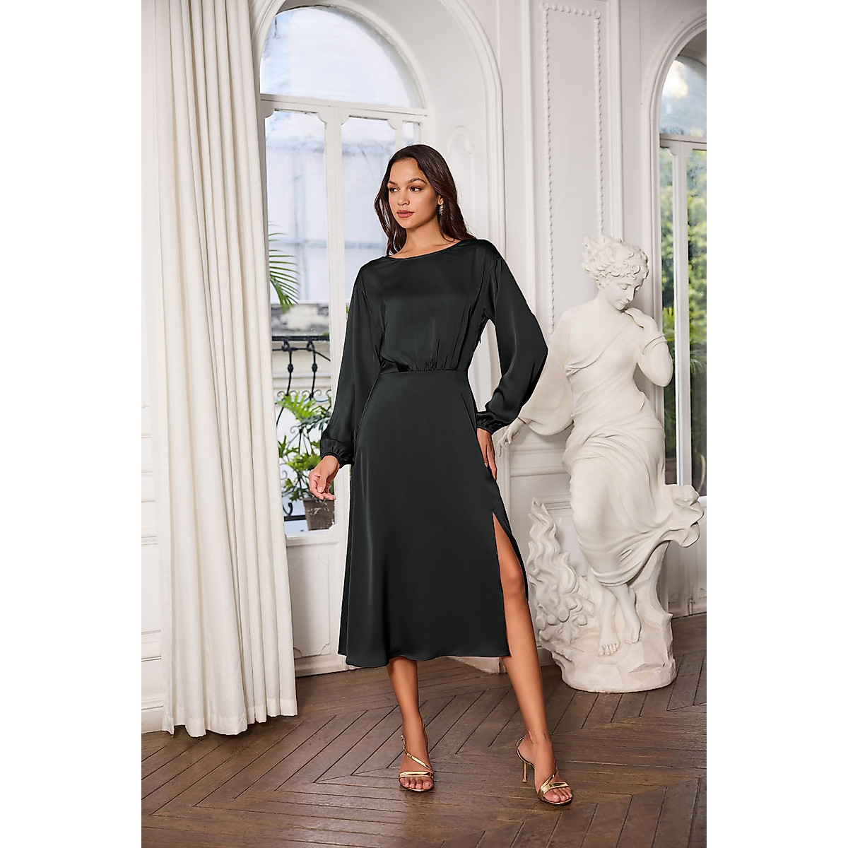 GRACE KARIN Long Sleeve Satin Midi Dress Fall Wedding Guest Dresses with Slit High Waist A-Line Midi Dress Solid Color Black S
