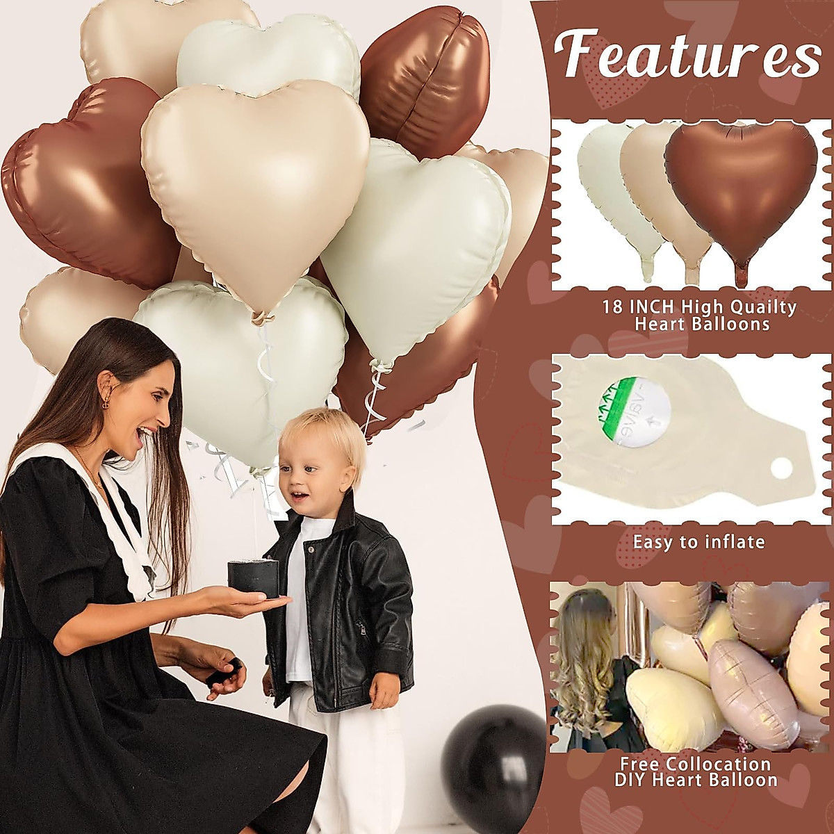 Brown Beige Cream Heart Balloons, 18inch 12PCS Coffee Cream Beige Heart Shape Balloons, Nude Neutral Foil Love Balloons for Valentine's Day Decorations for Engagement Baby Shower Wedding
