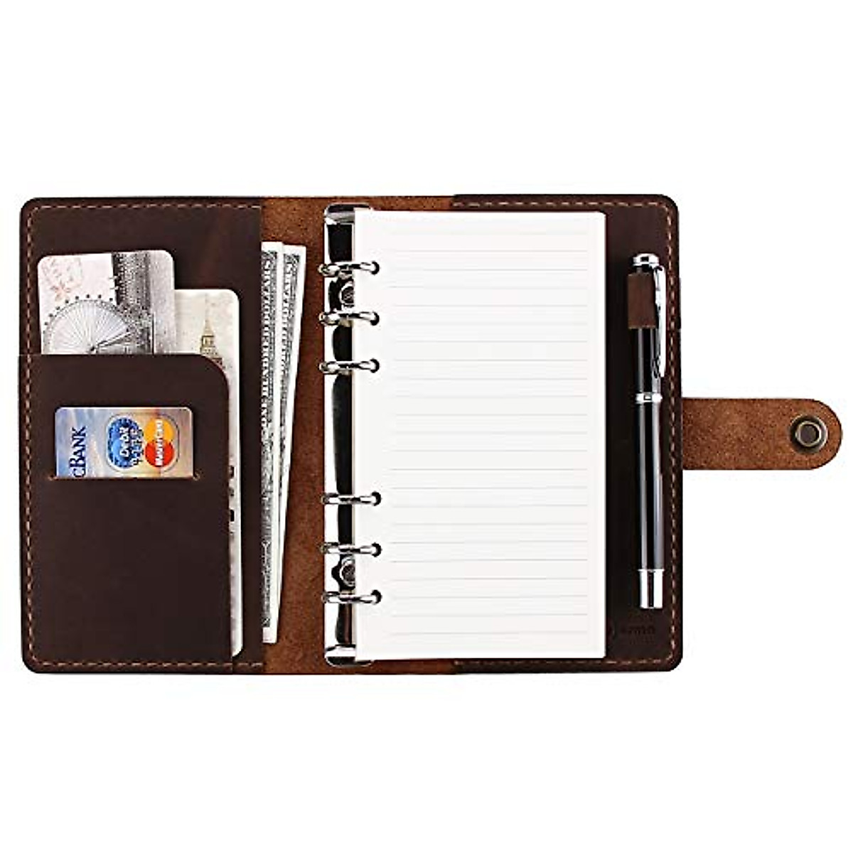 Leather Journal Refillable Writing Notebook, A6 Personal Size 6 Ring Binder Spiral Notebook, Handmade Genuine Leather Refillable Journal Binder Diary, Pocket Binder Traveler Notebook-Brown