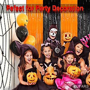 EUFARS Foil Fringe Curtains-4 Pack of 3.2x8.2ft Orange Black Foil Fringe Curtains for Birthday Halloween Photo Backdrop Party Decorations, Orange and Black Party Streamers for Photo Booth Props
