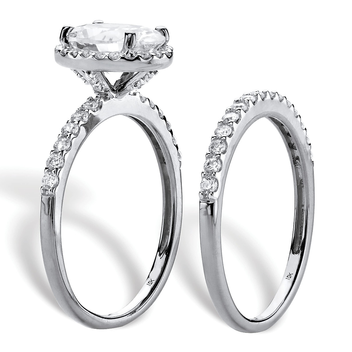 PalmBeach 10K White Gold Oval Cut Cubic Zirconia Halo Bridal Ring Set Sizes 6-10 Size 7