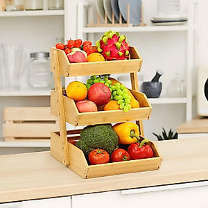 Mxbamhyc Bamboo Fruit Basket,3-Tier Fruit Bowl for Kitchen Counter, Large Capacity Vegetable Storage Holder,15 mm Thickness