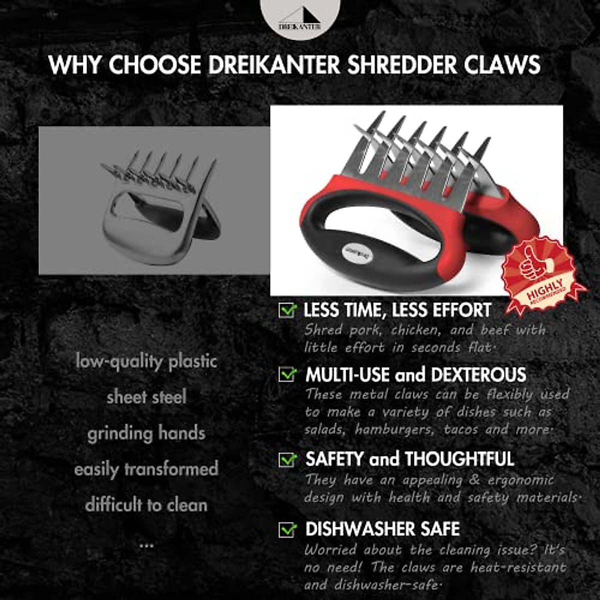 Meat Shredder Claws – 2-Pack Bear Claws and 1 Meat Tong for Shredding Meat – Stainless Steel Shredding Claws for Pulled Pork, Chicken, Brisket – Professional BBQ Accessories Meat Shredder Tool - (Red)