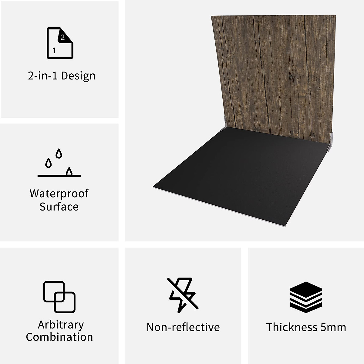 Goshoot 2 PCS Photo Backdrop Boards Kit, 2x2ft Double Sided White Leather Wood Texture Food Backdrops, Flat Lay Photography Backgrounds with 2X Bracket for Jewelry Cosmetics Small Product Props