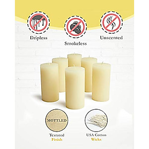 Mottled Pillar Candles by Bask - Set of 6-3" x 6" Dripless Unscented Candles in Ivory for Home Decor, Relaxation & All Occasions