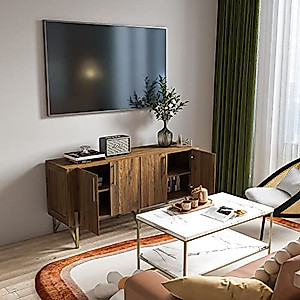 roomfitters 65” Wood TV Stand, 2 Door Media Console, Modern Credenza for Living Room, Mid Century Sideboard Buffet Cabinet, Japandi Entertainment Center with Storage (Walnut, Gold Legs)