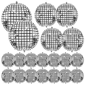 WXJ13 20 Pack Big Disco Ball Balloons for 3 Different Sizes, 32” 22” 10‘’ 4D Large Disco Balloons Round Metallic Silver Disco Mylar Foil Balloons for 70s 80s Disco Party Decorations