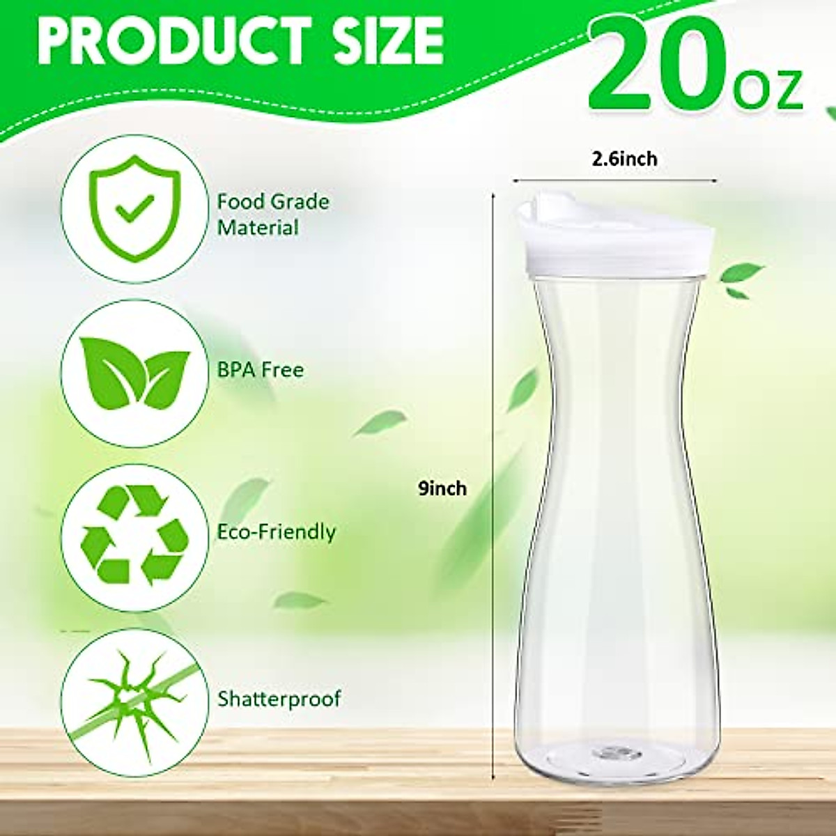 12 Pieces Water Carafes with Lid 20 oz Plastic Juice Container Pitcher Clear Narrow Neck Drink Carafes Mimosa Bar Beverage Pitcher for Outdoors Beach Picnic Parties Tea Milk Lemonade Wine