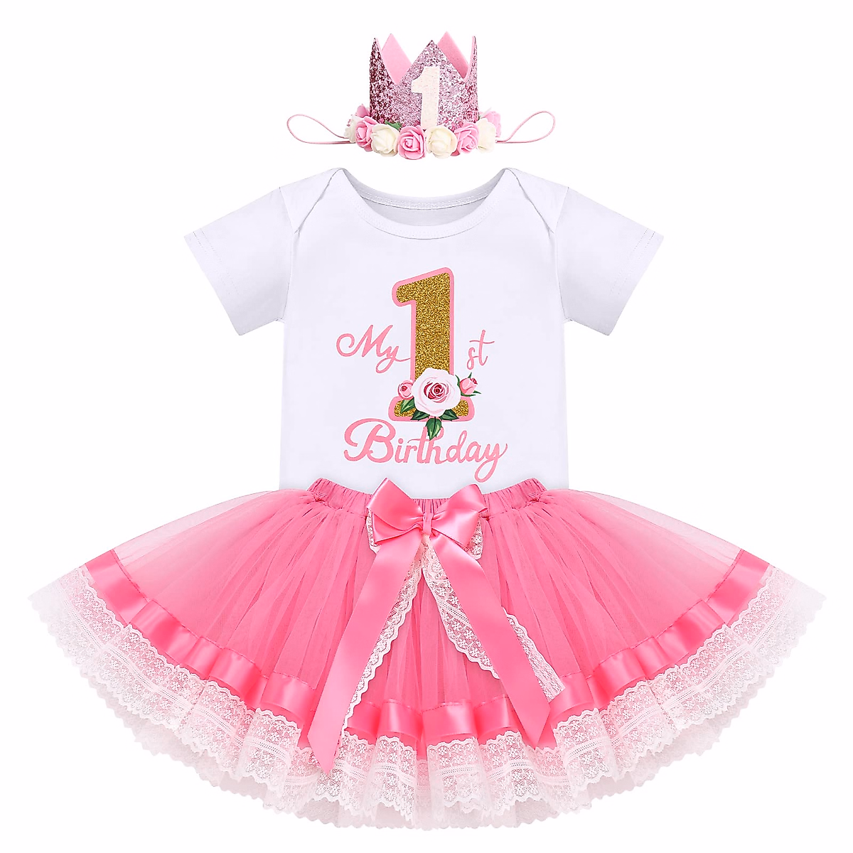 IBTOM CASTLE Baby Girl One Year Old Birthday Floral Lace Party Cake Smash Outfits Short Sleeve Top Princess Romper Bodysuit + Tutu Rainbow Skirt Set+Headband Fancy Dress Hot Pink-1 old,Birthday,