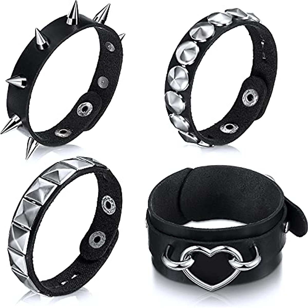 4 Pieces Goth Bracelets for Women Punk Leather Bracelet Punk Rock Accessories Spike Bracelet Gothic Spike Rivet Cuff Bracelet Adjustable Goth Cuff Wristband Metal Studded Buckle Wristband