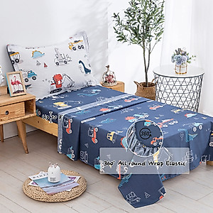 DJY 4 Pieces Cotton Toddler Bedding Set, Dinosaur Cars Reversible Toddler Bed Comforter Set for Kids Boys Girls, Includes Quilted Comforter, Flat Sheet, Fitted Sheet and Pillowcase