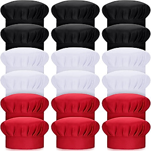 18 Pcs Chef Hats for Adults Adjustable Elastic Chef Cap Kitchen Bakers Hat Cooking Cap Funny Chef Gifts for Men Women, Black, White, Red