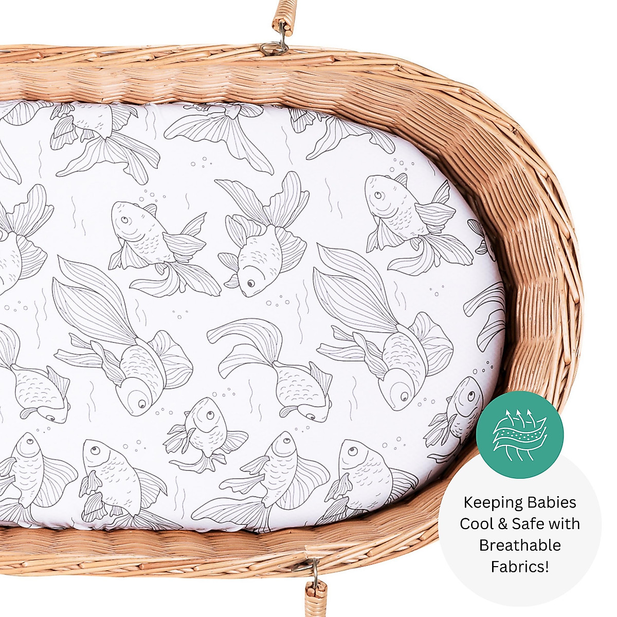 TansyPanda Bassinet Sheets for Baby Delight Snuggle Nest, Chicco LullaGo, Snoo Smart, Fisher Price, 4PC, 30 x 18 Inch, Ultra Soft, Breathable, Snug Fit, Unisex Boys Girls, Gray White (Ocean Fish)