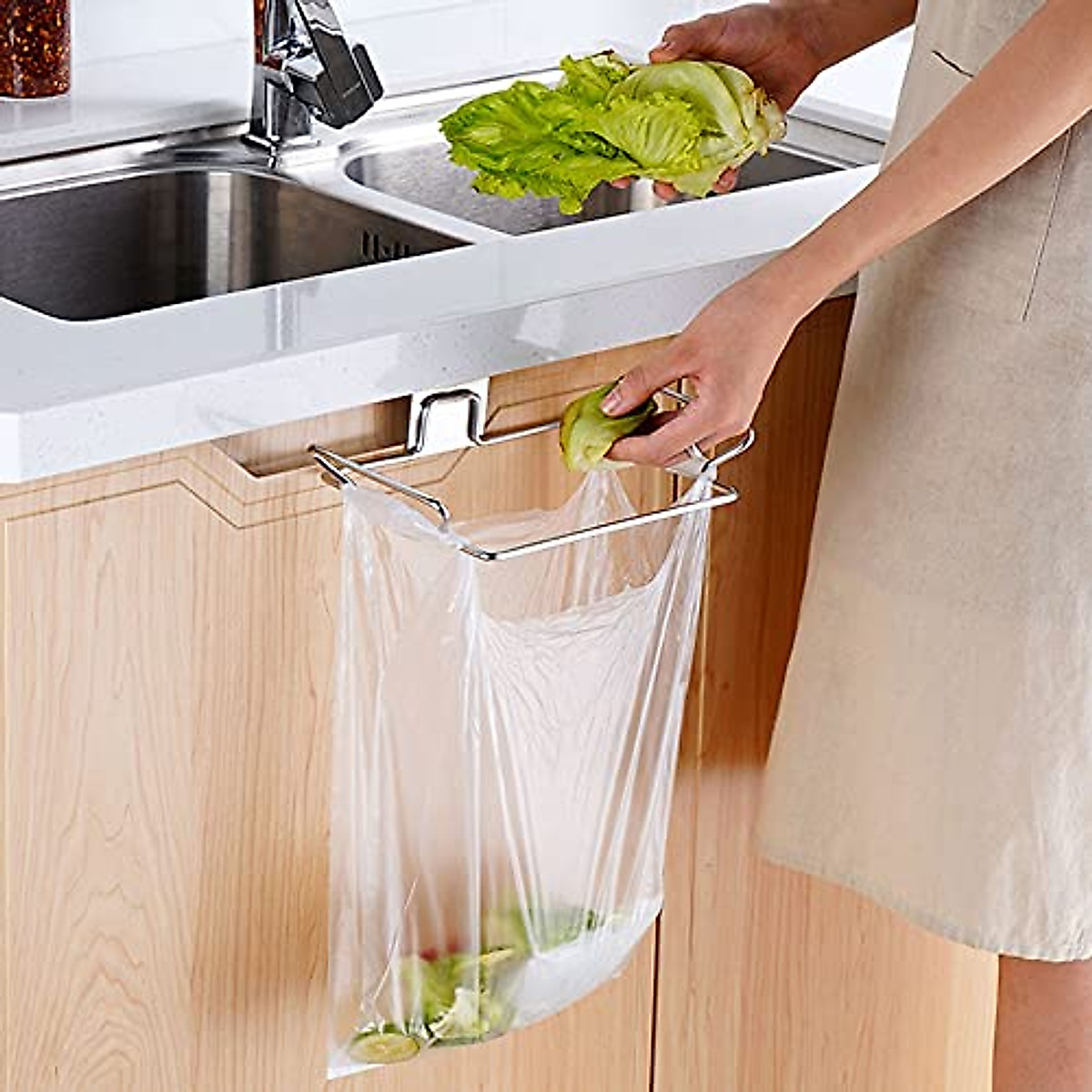 Meiloi Trash Bag Holder for Cupboards Kitchen Cabinet Door, Stainless Steel Portable Garbage Bins