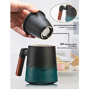 suyika Tea Cup with Infuser and Lid, 15.2 Ounce Wood Handle Ceramic Loose Leaf Tea Mug,Embossed Tea Steeping Mug for Gifts, Gradient Black&Green 450ml
