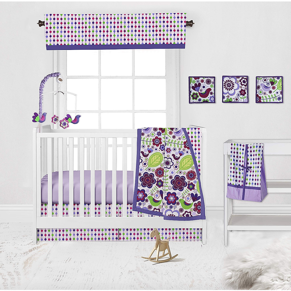 Crib or Toddler Bed Skirt or Dust Ruffle Botanical, Purple/Lilac/Green/Plum