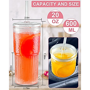 Glass Cups with Lids and Glass Straws, 20OZ Drinking Glasses 2Pcs, Glass Tumbler with Straw and Lid High Borosilicate Glass Tumbler Iced Coffee Cup Water Glass Cups
