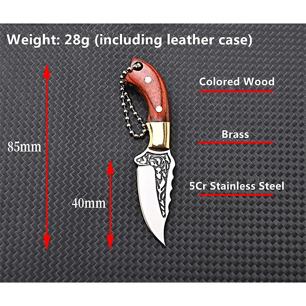 SZHOWORLD Ultra Small Fixed Blade Knife, 1.57 inch 5Cr Stainless Steel Blade with Brass+Colored Wood Handle, Mini Knife/Box Cutter with Leather Sheath for EDC Gift Collection Cutting