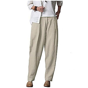 Minibee Women's Casual Linen Pants Elastic Waist Tapered Pants Trousers With Pockets Linen XL