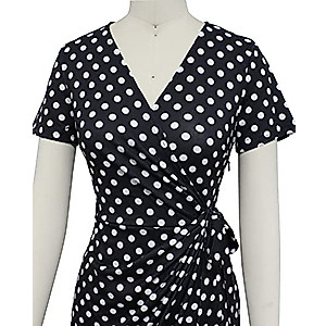 Lyrur Women's Vintage Polka Dot Black Wrap Dresses Knee Length Short Sleeves Sheath V Neck Casual Party Work Dress(L,9069-Black Dot)