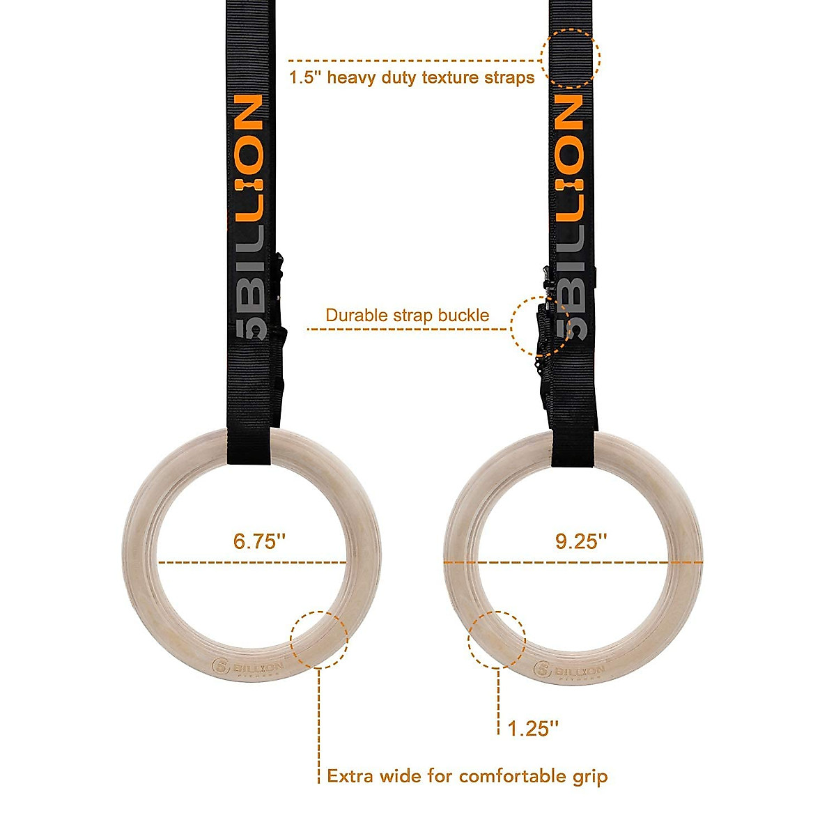 Wooden Gymnastic Rings 1.25"/32mm,5BILLION Olympic Rings with Adjustable Cam Buckle Straps 15ft,Wood Gym Rings for Home Gym Full Body Workout,1500lbs Supported