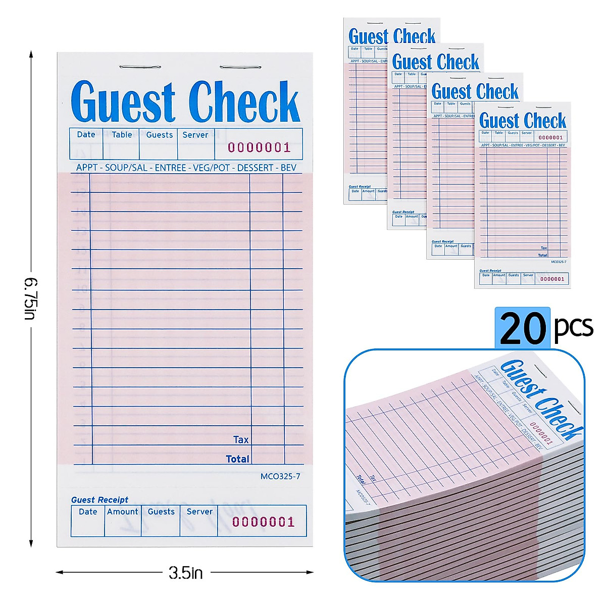 Rcybeo Guest Check Pads (20 Pack) Numbered Server Note Pads, Waitress Order Notepad, Food Receipt Book, 50 Checks Per Pad-Total 1000 Restaurant Checks, Waitress Accessories