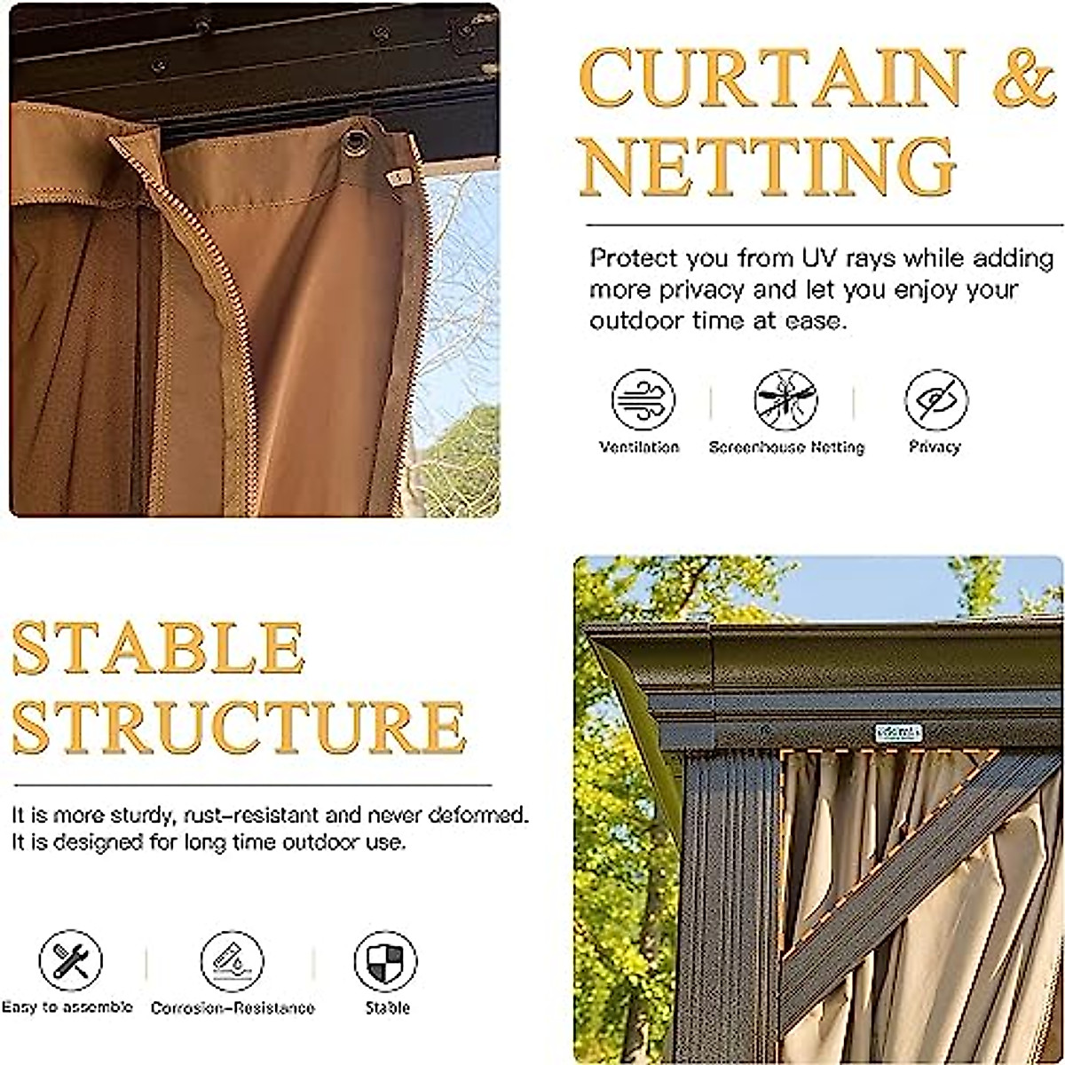 RITSU 12'x20' Gazebo, Hardtop Outdoor Aluminum Frame Canopy with Galvanized Steel Double Roof, Outdoor Permanent Metal Pavilion with Curtains and Netting for Patio,Backyard and Lawn, Brown
