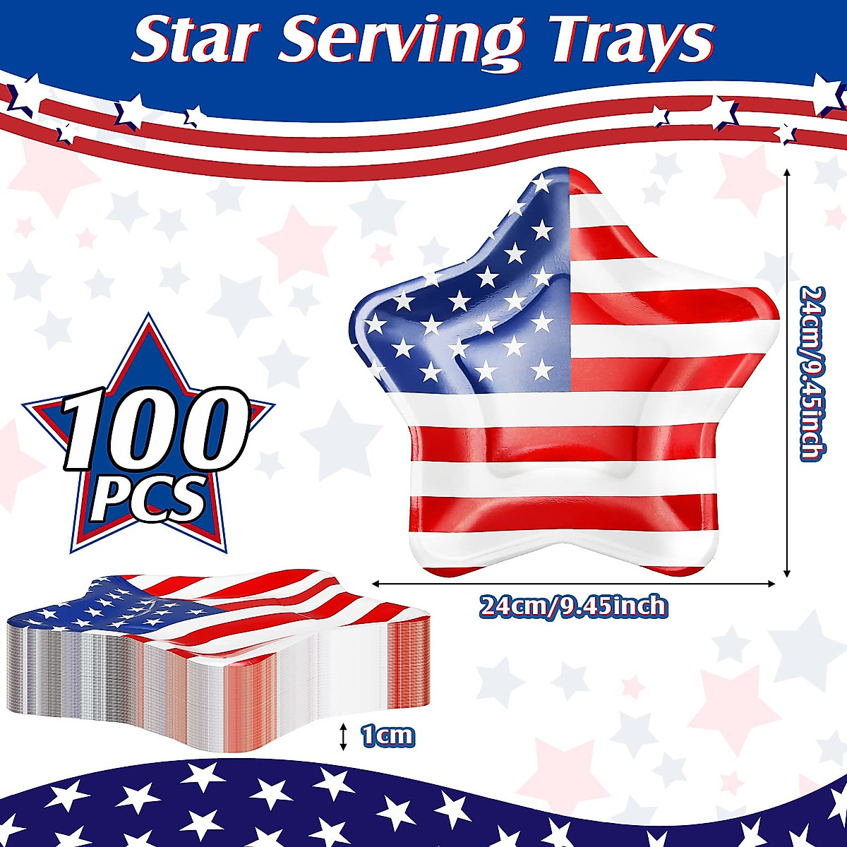 Sunnyray Patriotic Christmas Paper Plates 9 Inch Dessert Star Shape Plates Disposable American Flag 4th of July Tableware USA Star Serving Trays for Cookies Barbecue Picnic (Pentagram,100 Pcs)